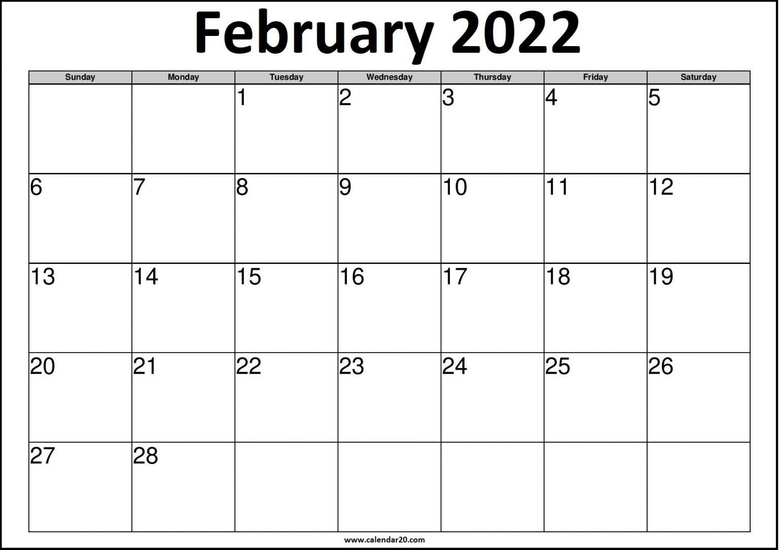 February 2022 Printable Calendar - Calendar20.com