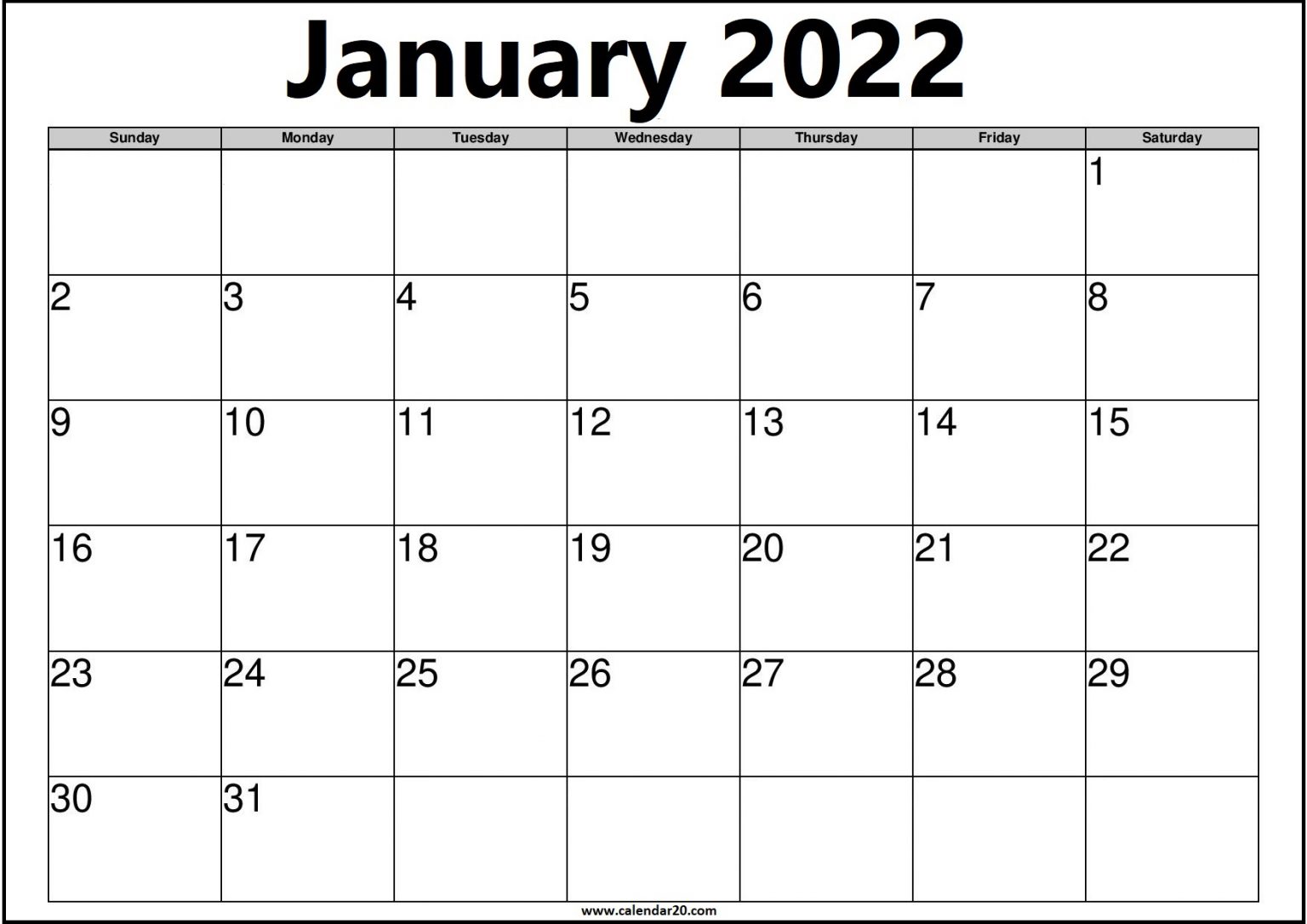 January 2022 Calendar Blank - Calendar20.com