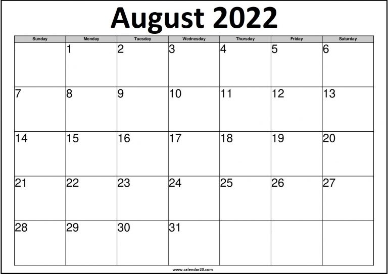August 2022 Calendar Printable US - Calendar20.com