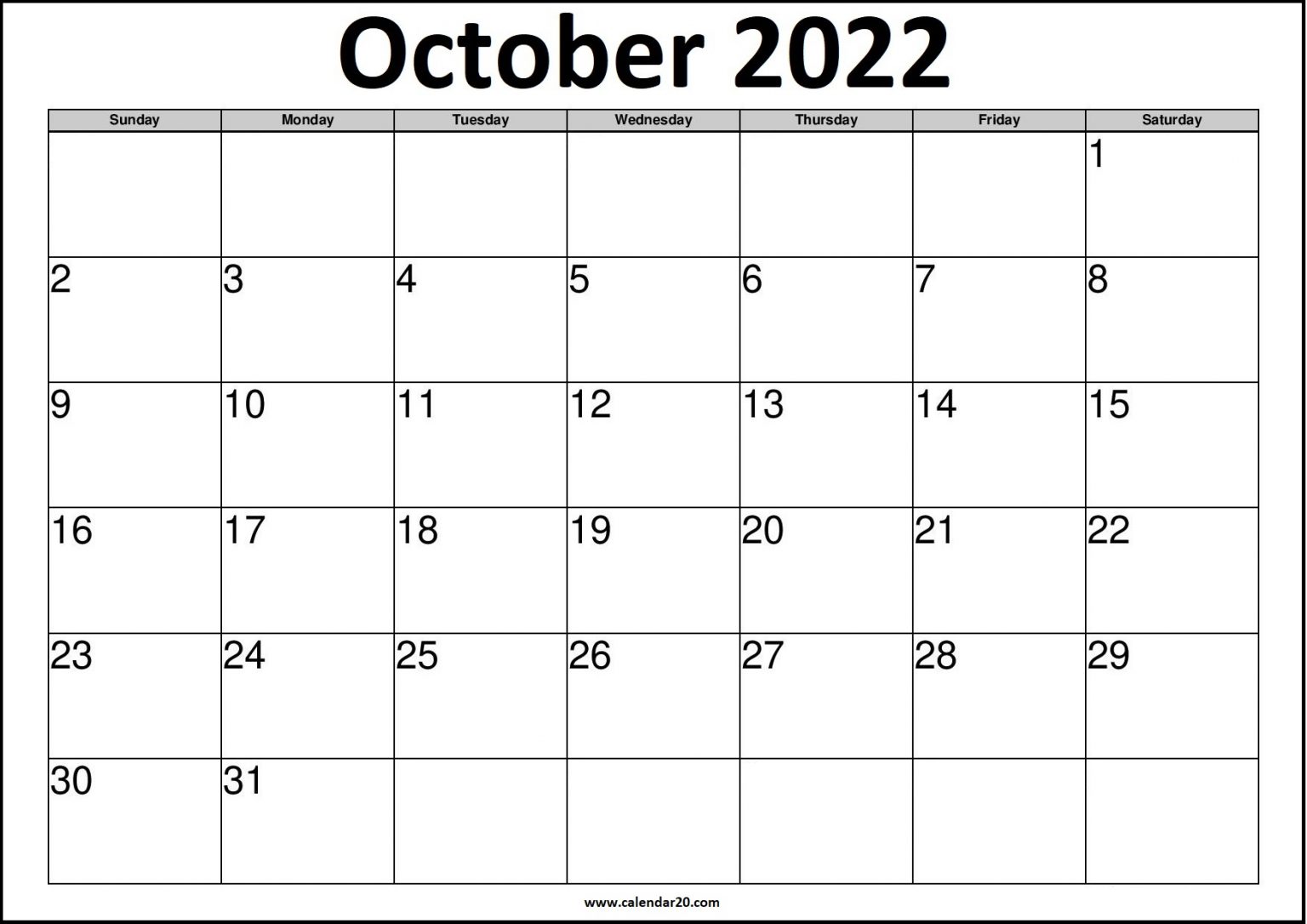 October 2022 Printable Calendar - Calendar20.com