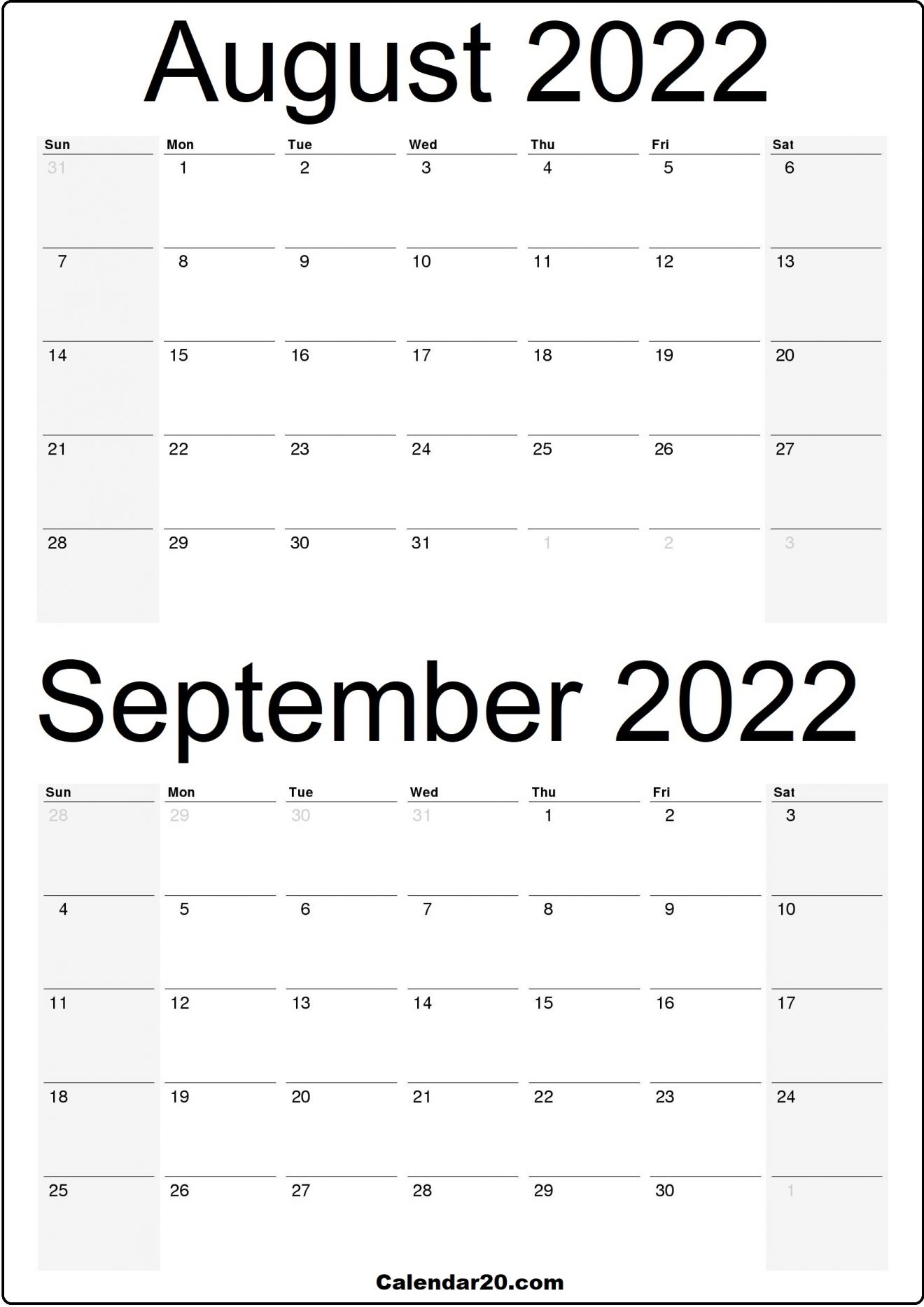 August 2022 September 2022 Printable Calendar - Calendar20.com