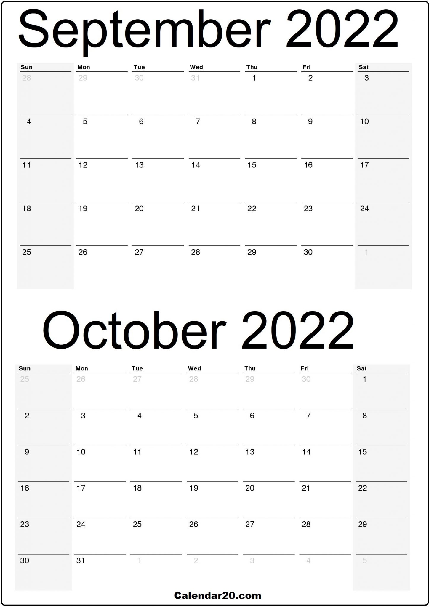 September 2022 October 2022 Printable Calendar - Calendar20.com