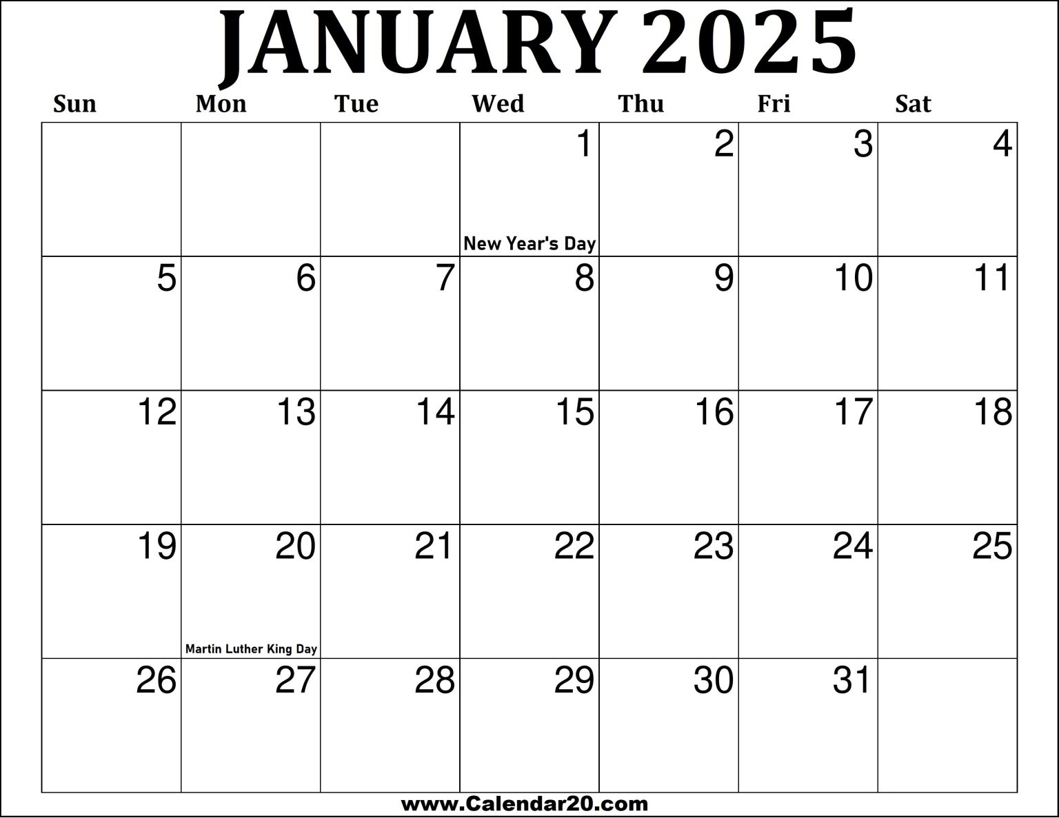 Blank January 2025 Calendar Printable