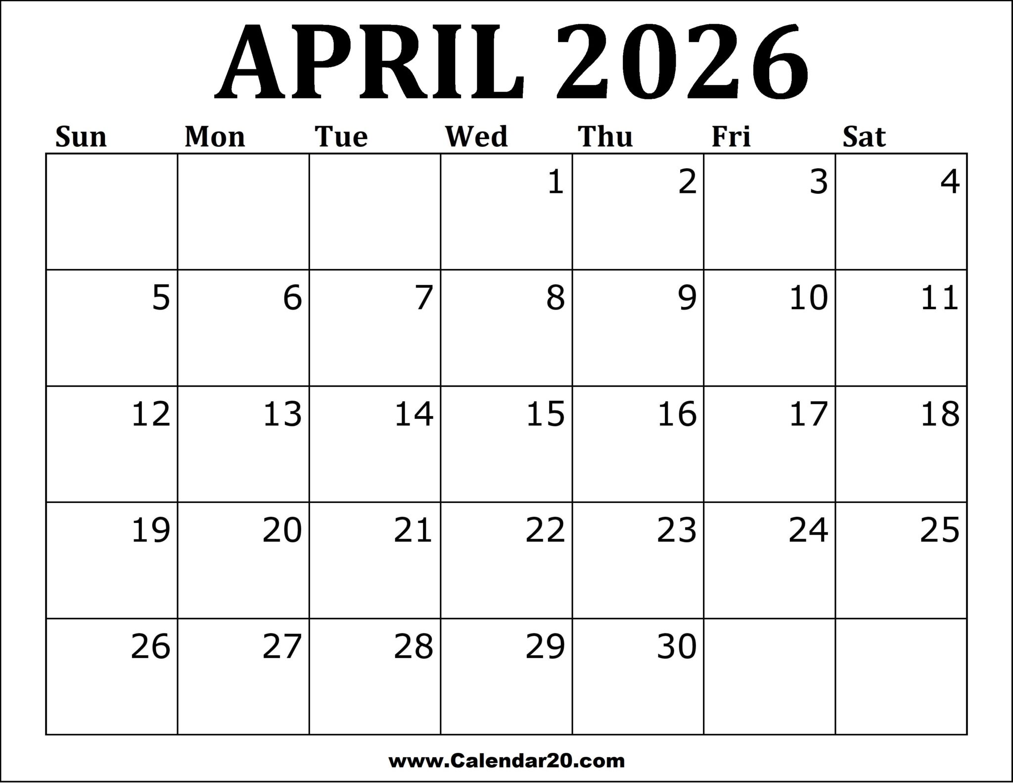 April 2026 Calendar Printable - Calendar20.com