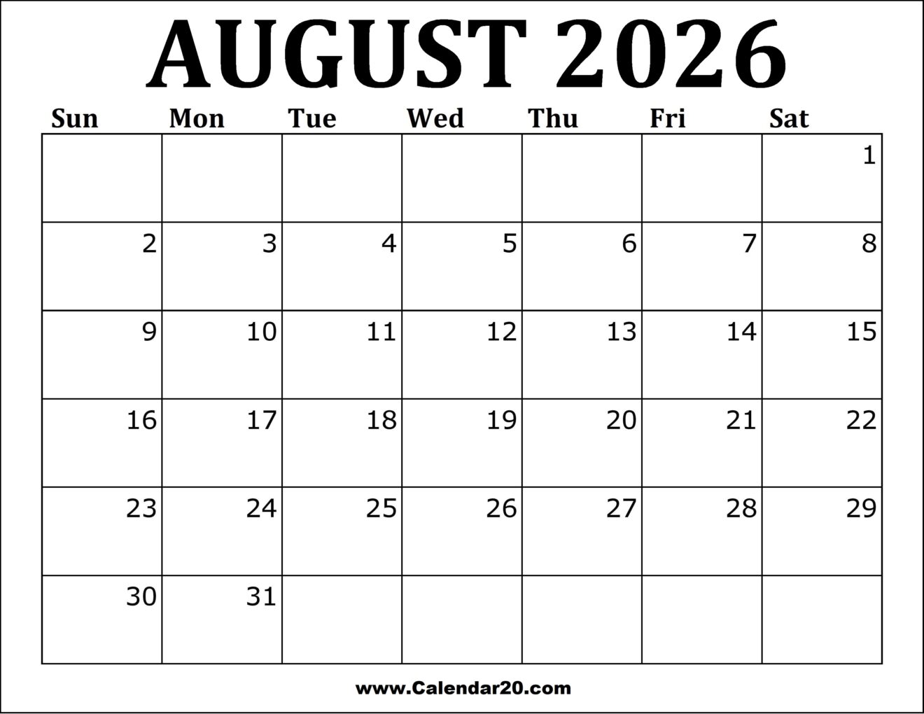 August 2026 Calendar Printable - Calendar20.com