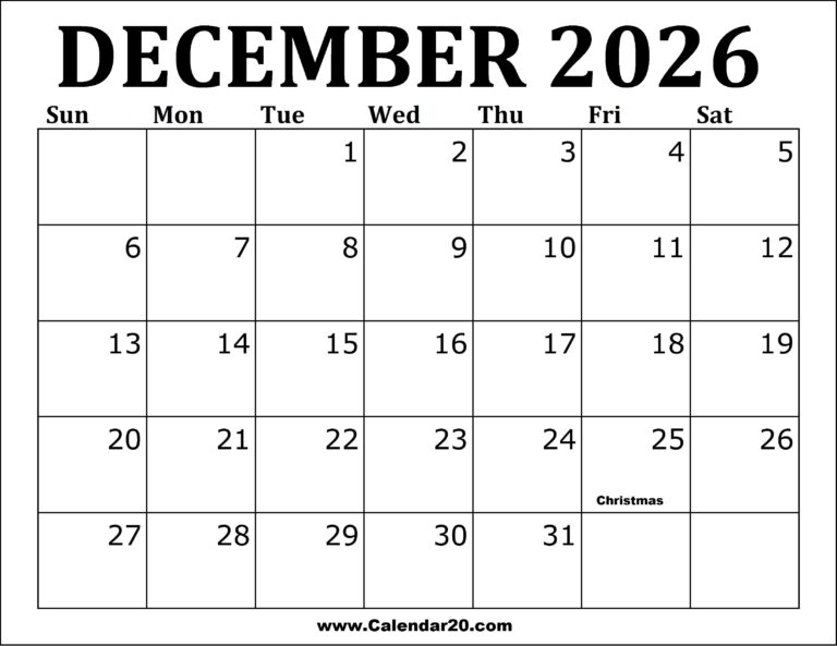 December 2026 Calendar Printable - Calendar20.com