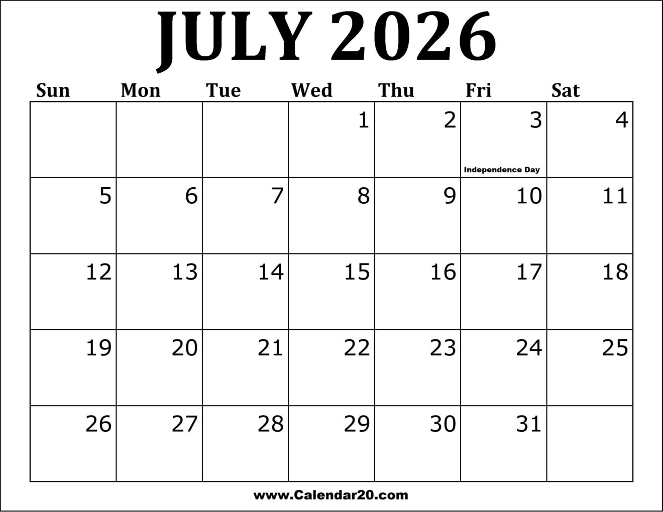 July 2026 Printable Calendar Calendar20