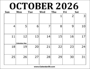 October 2026 Calendar Printable - Calendar20.com