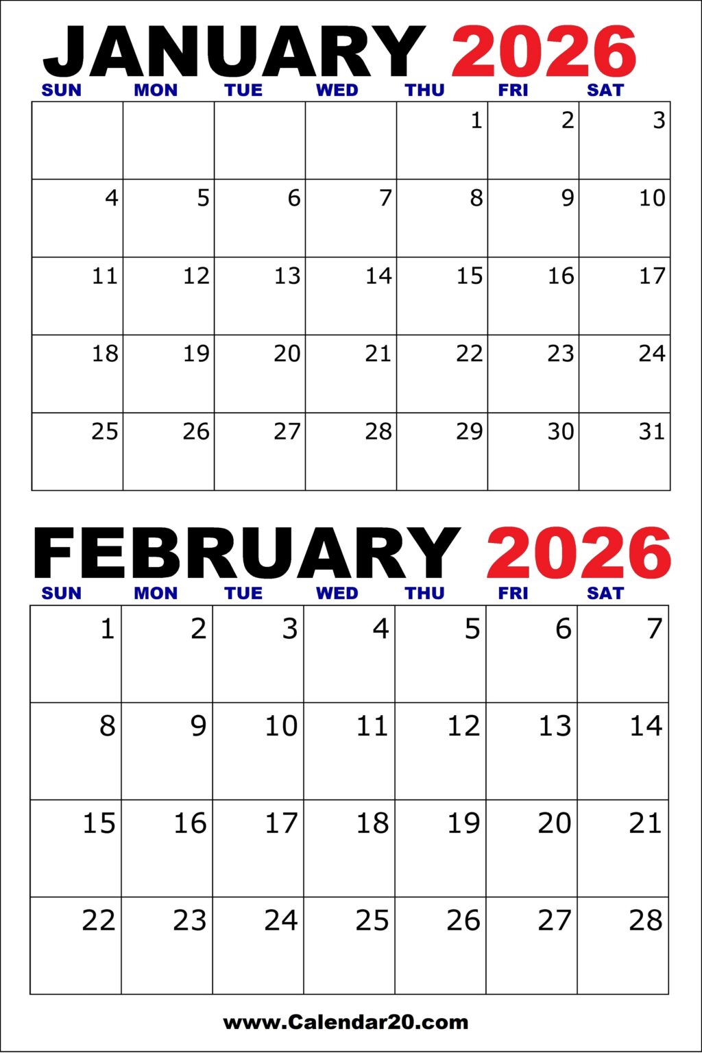 January and February 2026 Printable Calendar - Calendar20.com