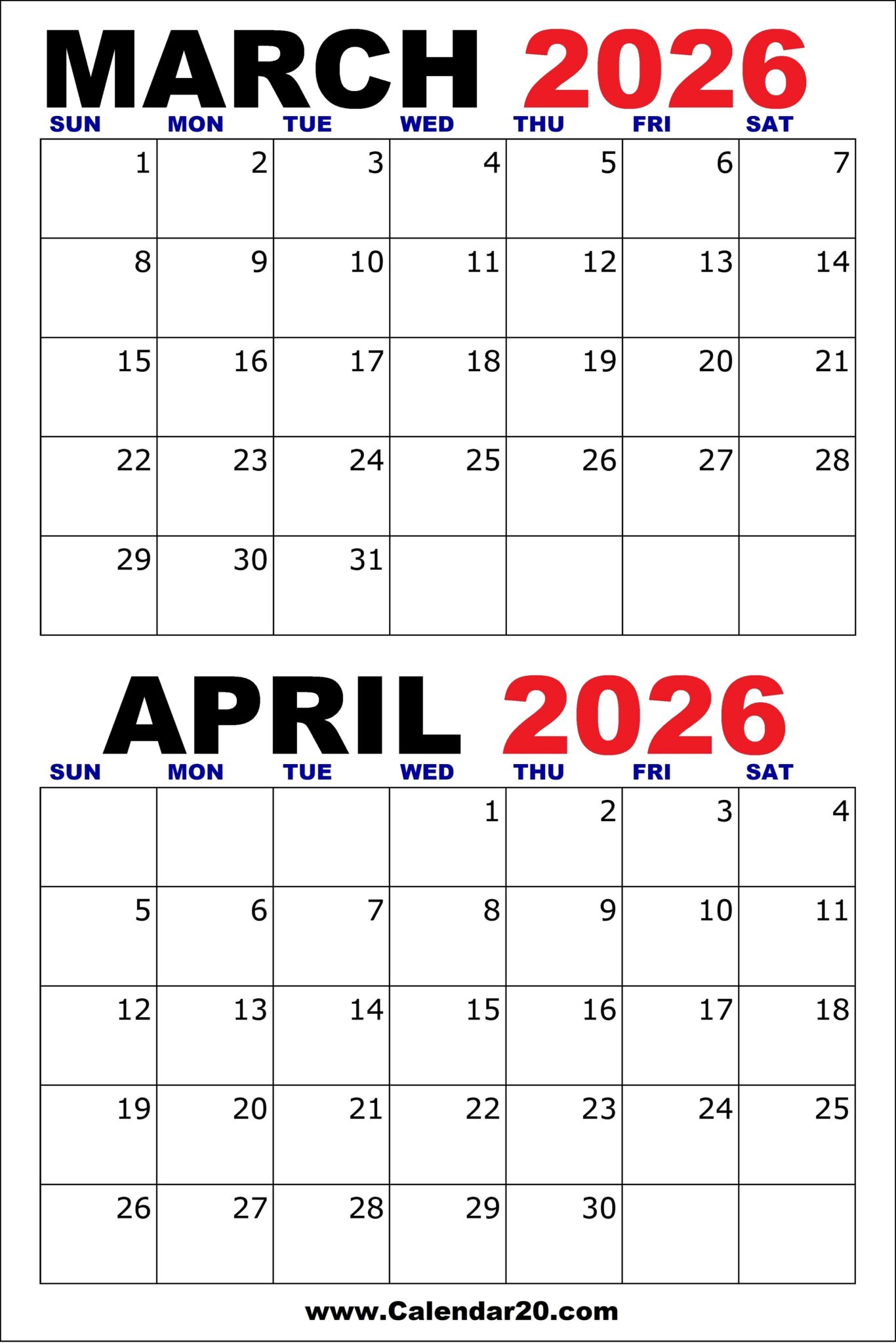 March and April 2026 Printable Calendar - Calendar20.com