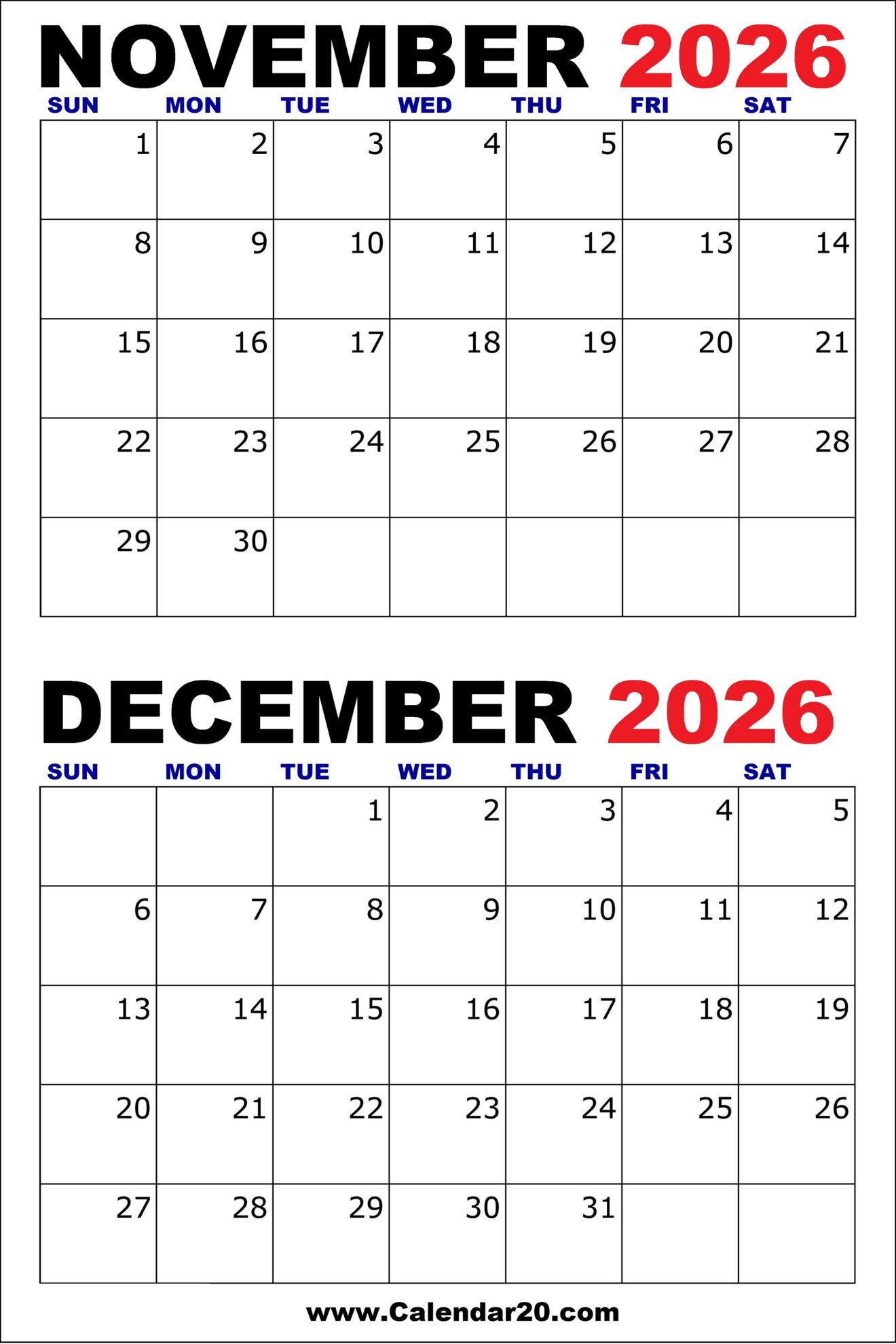 November and December 2026 Calendar Printable - Calendar20.com