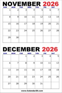 November and December 2026 Calendar Printable - Calendar20.com