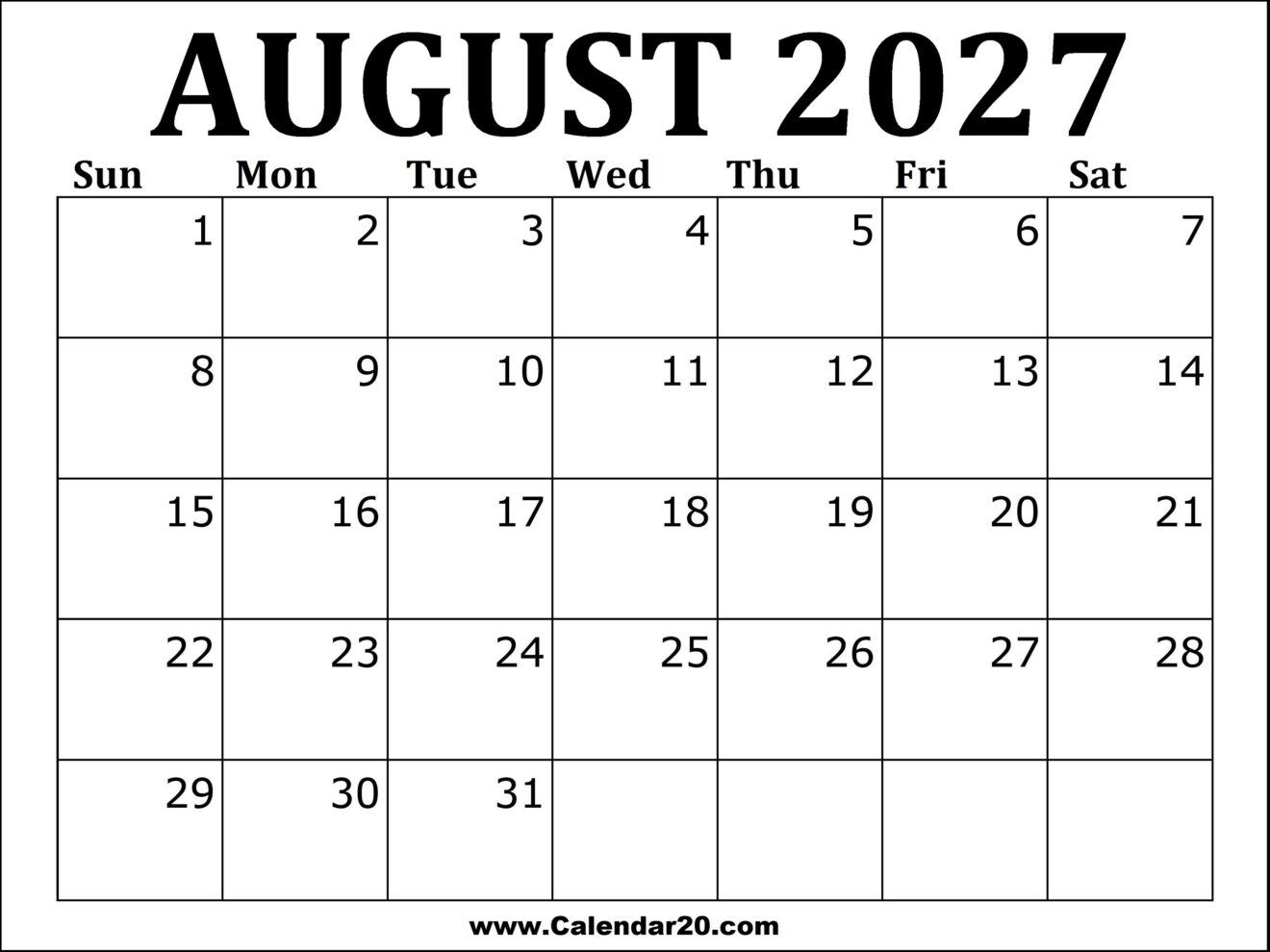 August 2027 Printable Calendar - Calendar20.com