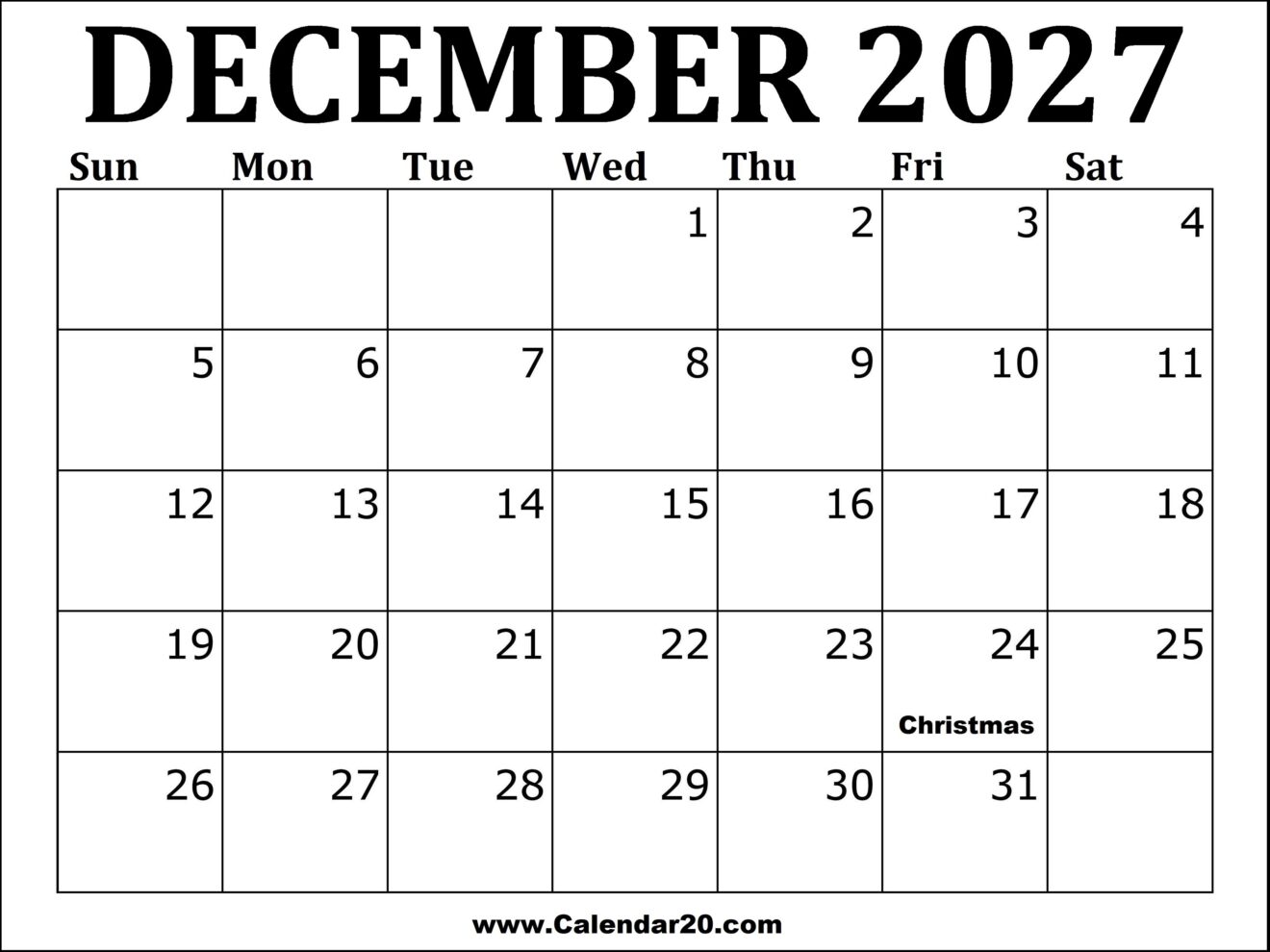 December 2027 Printable Calendar - Calendar20.com