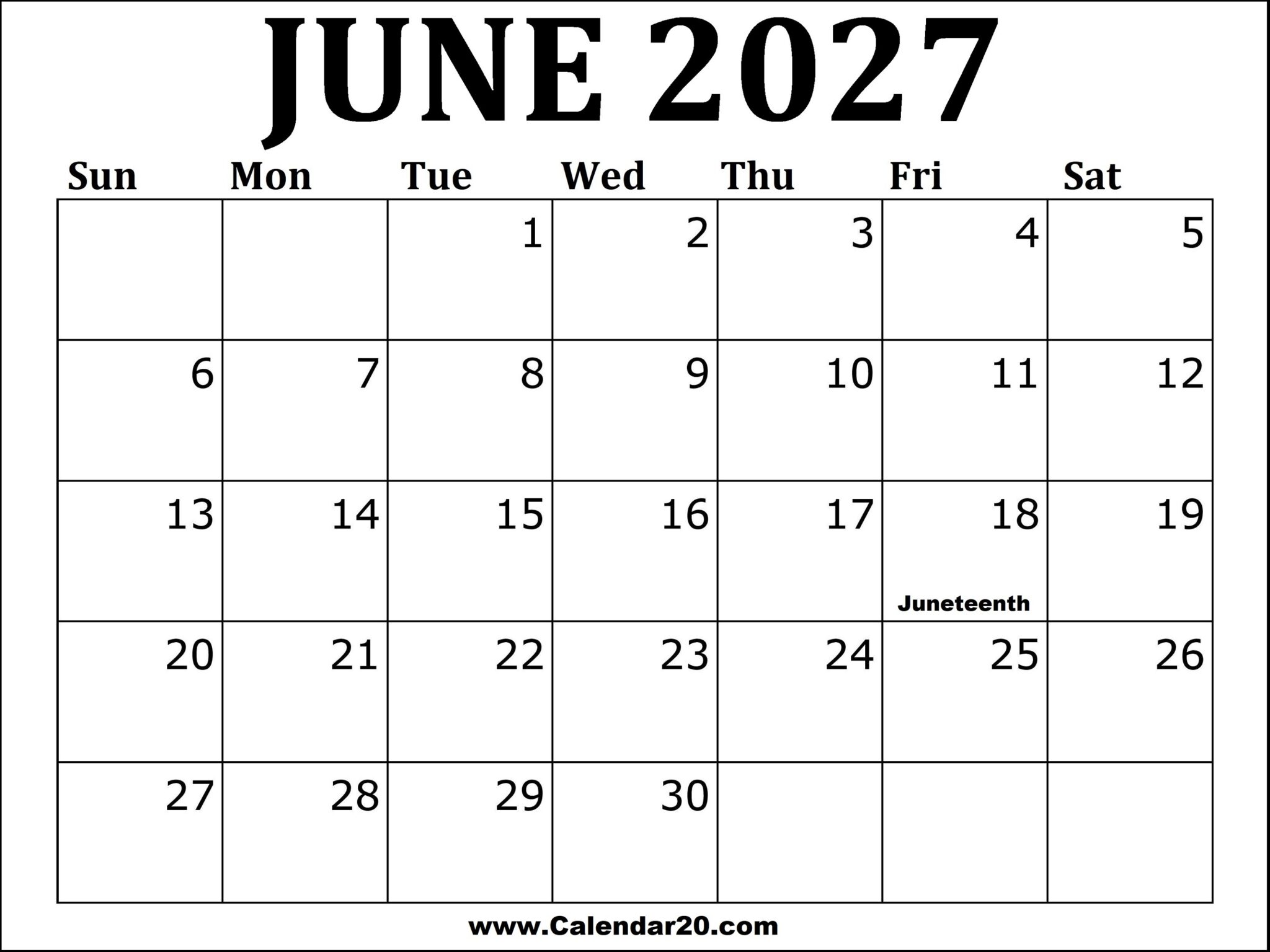 June 2027 Printable Calendar - Calendar20.com